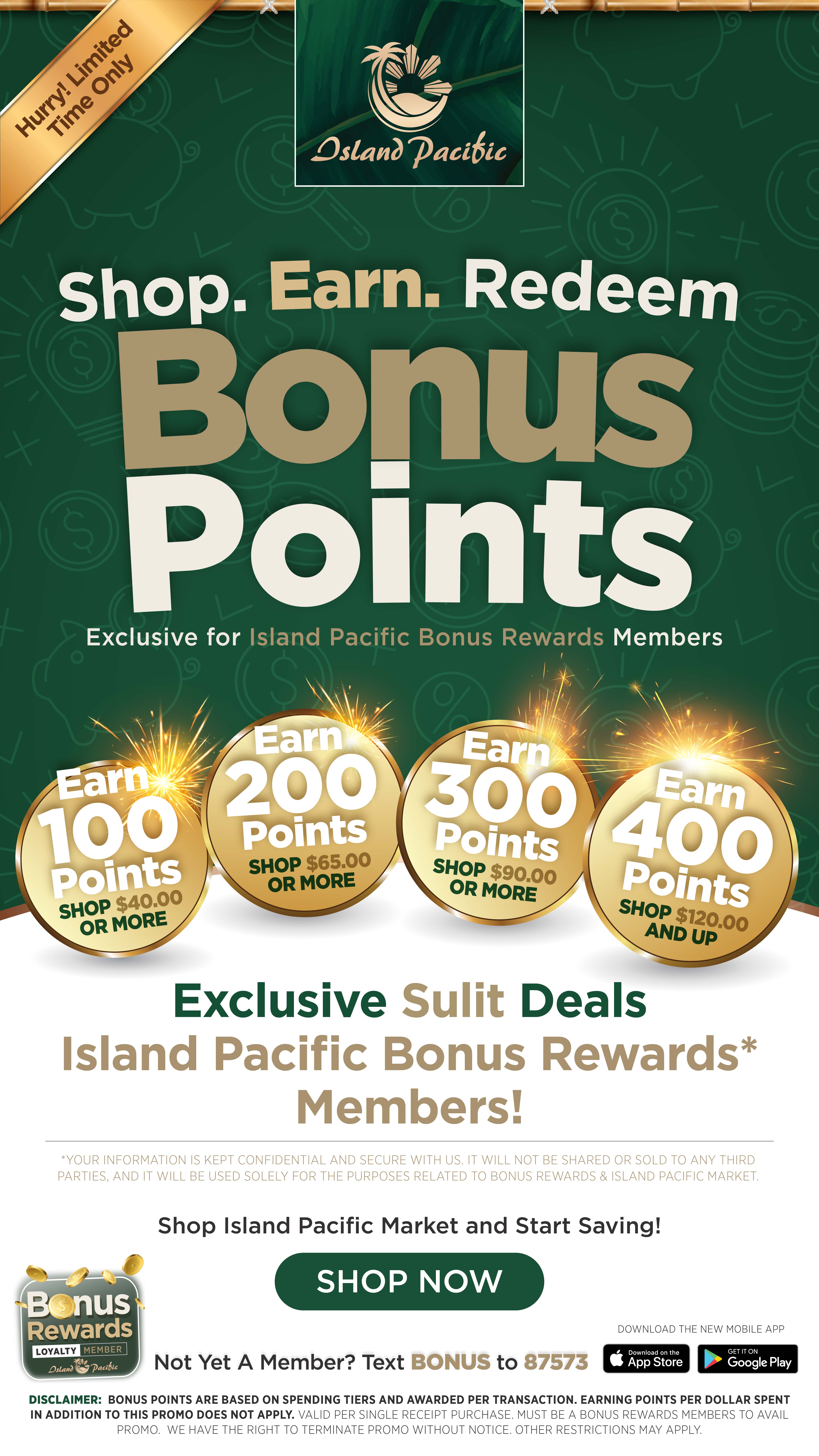 Bonus Shop Earn | Holiday Promos & Deals at Island Pacific